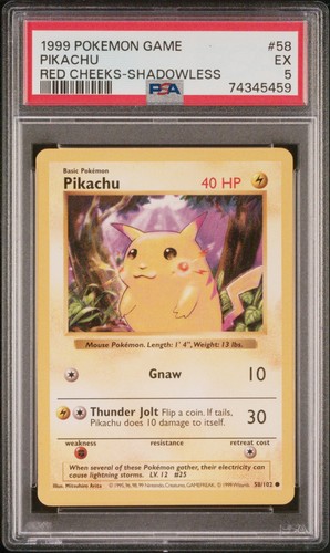 PSA 5 Pikachu 58/102 Red Cheeks Shadowless Base Set 1999 Pokemon Card ...