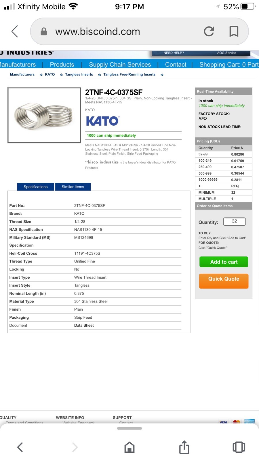 Helicoil 1/4-28 X 1.5D 2TNF-4C-0375SF Tangless CoilThread Qty Apprx 900 ...