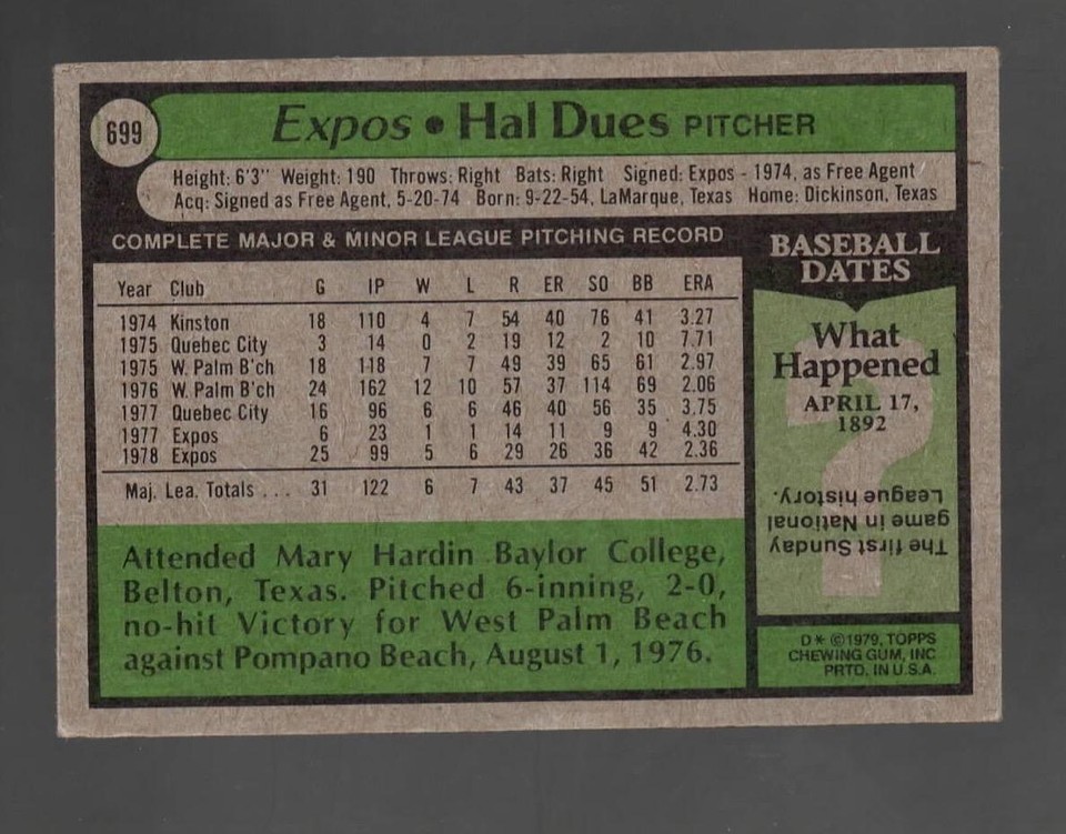 1979 Topps Hal Dues Montreal Expos #699 Excellent | eBay