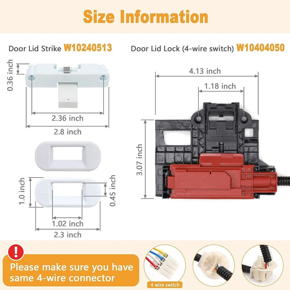 W10404050 W10238287 Washer Lid Lock Latch Switch+W10240513 Strike for ...