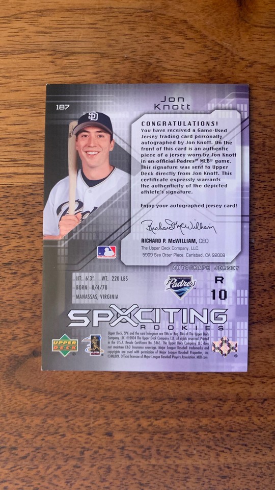 2004 SPx SPxCITING #187 RC Rookie JERSEY AUTO Jon Knott San Diego ...