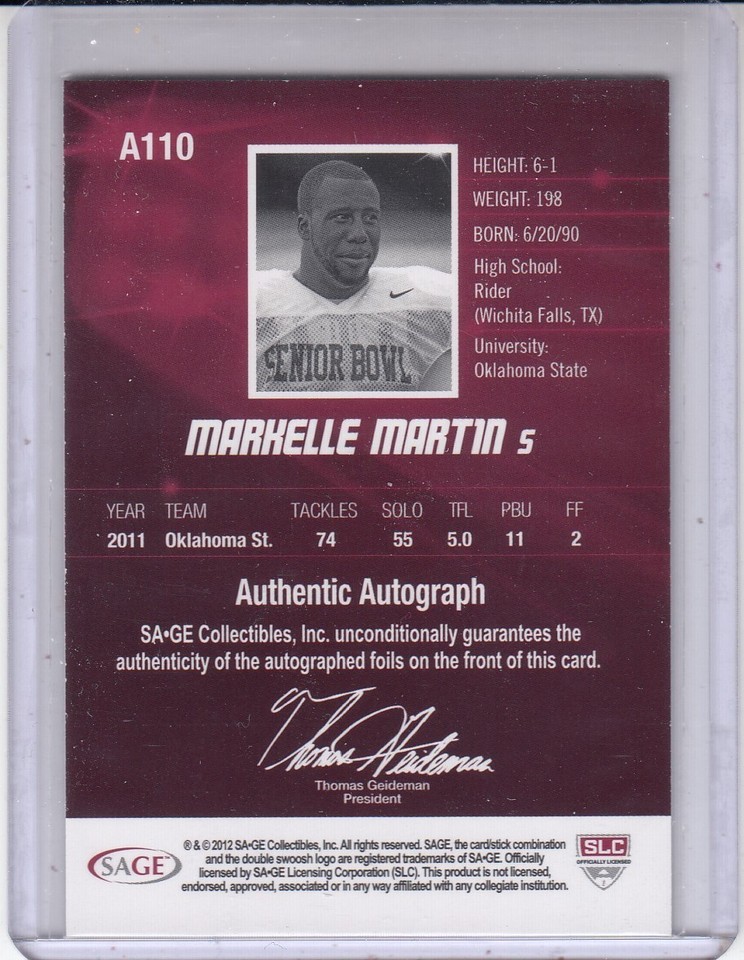 MARKELLE MARTIN 2012 Sage Hit Autograph #A110 Oklahoma Cowboys | eBay