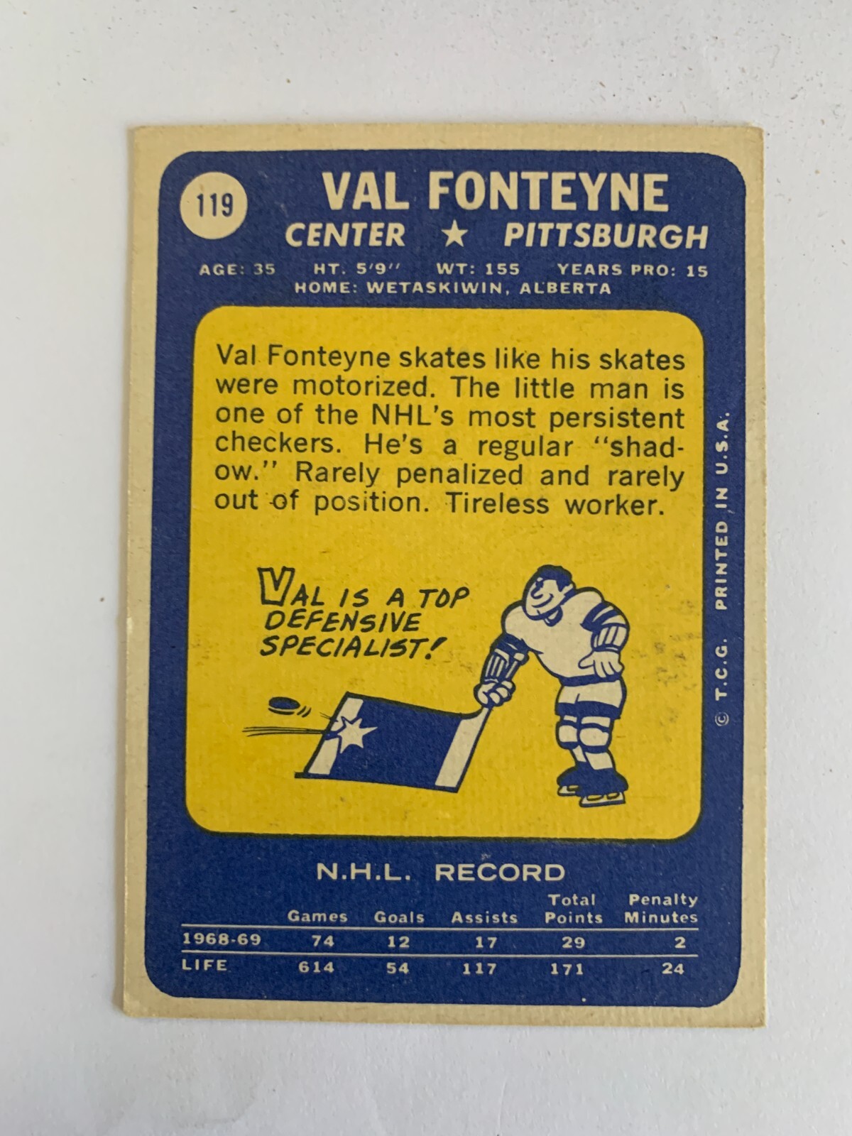 1969-70 Topps #119 Val Fonteyne- Pittsburgh Penguins (v5) | eBay