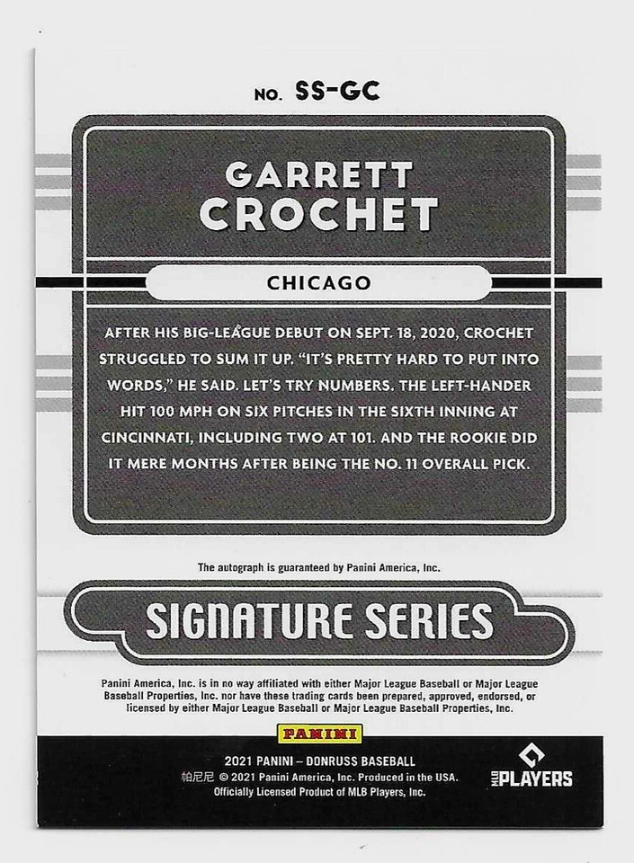GARRETT CROCHET 2021 Donruss ROOKIE Signature Series Prizm AUTO / White ...