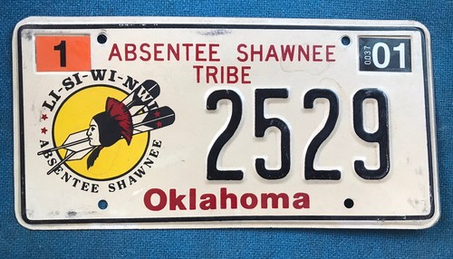 2001 Oklahoma Tribal License Plate 2529 Absentee Shawnee Tribe guc ...