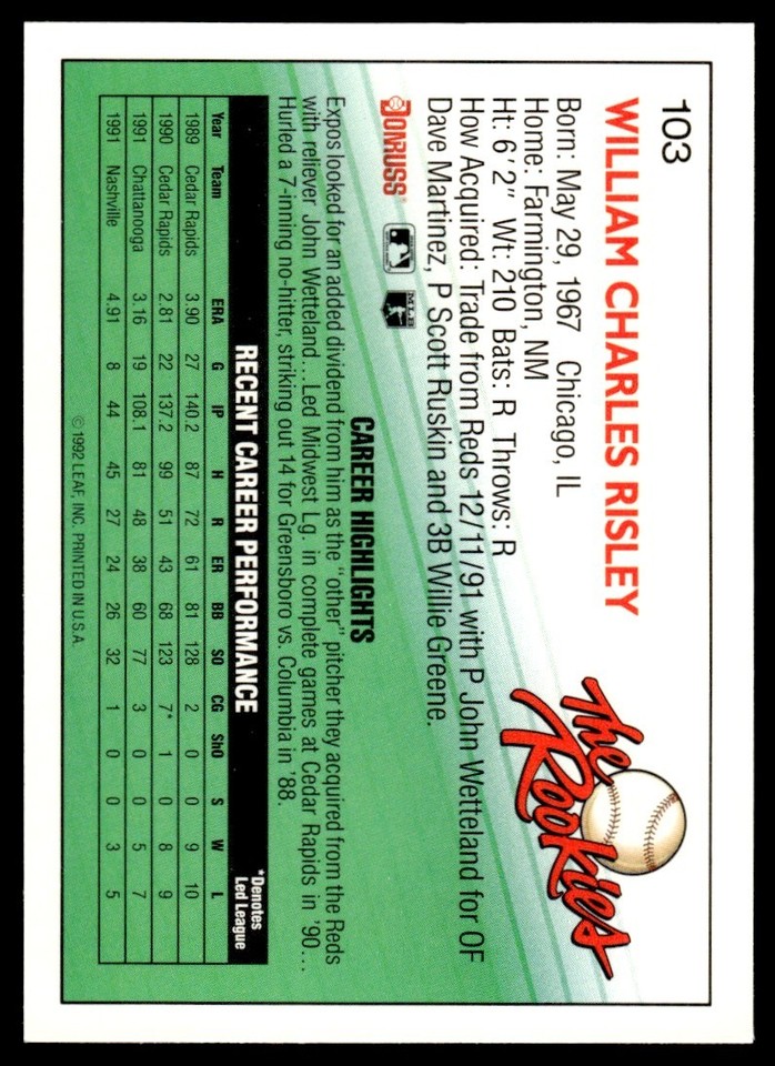 1992 Donruss The Rookies Bill Risley Rookie Montreal Expos #103 | eBay