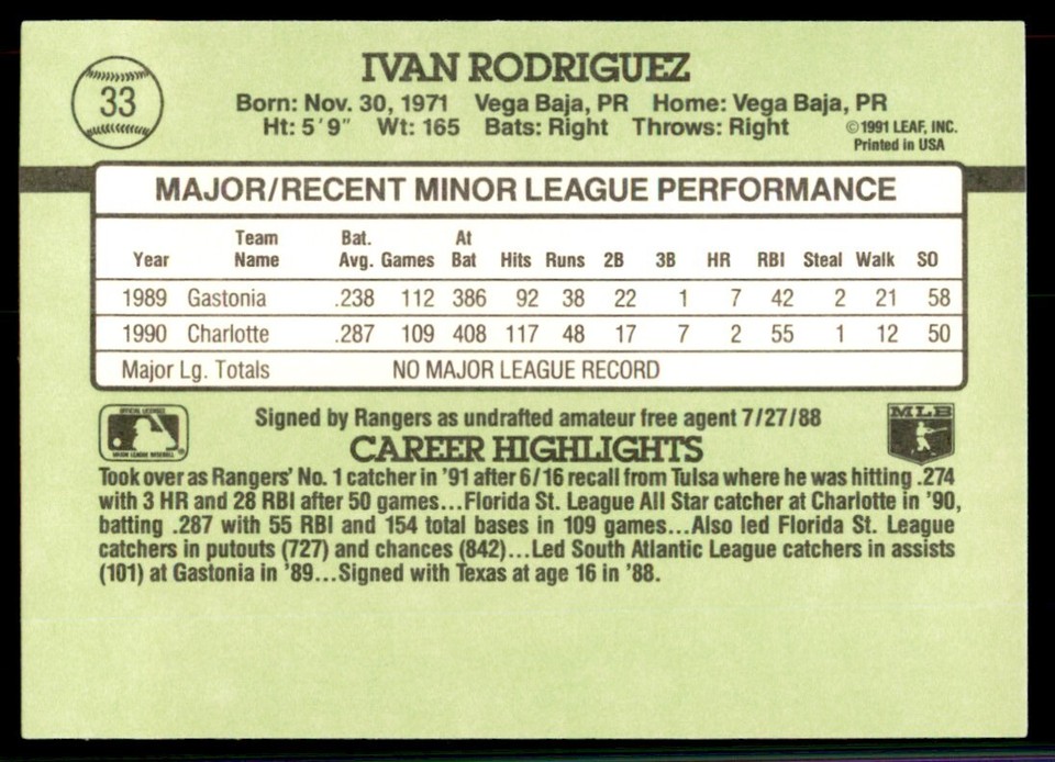 1991 Donruss The Rookies Ivan Rodriguez Baseball Cards #33 | eBay