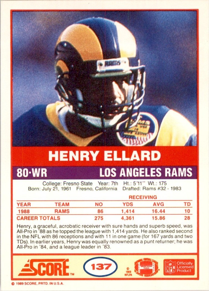 1989 SCORE HENRY ELLARD LOS ANGELES RAMS #137 | eBay
