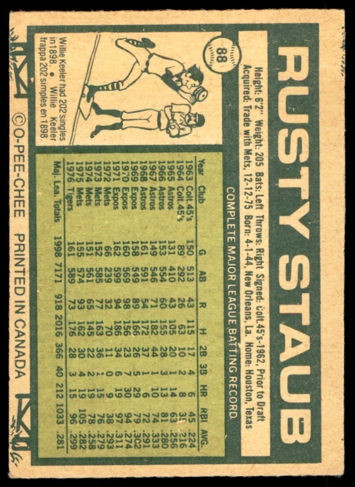 1977 O-PEE-CHEE. RUSTY STAUB DETROIT TIGERS #88 | eBay