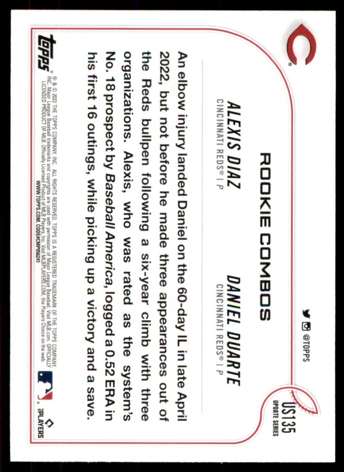 2022 TOPPS UPDATE #US135 ALEXIS DIAZ/DANIEL DUARTE CINCINNATI REDS | eBay