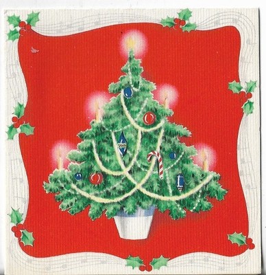 Vtg CHRISTMAS Greeting CARD 4x4 Red Card Decorated Xmas Tree Candy Cane ...