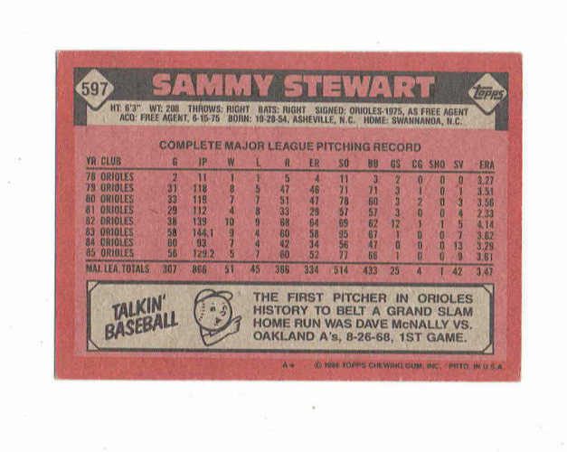 Sammy Stewart Baltimore Orioles P #597 Topps 1986 #Baseball Card | eBay
