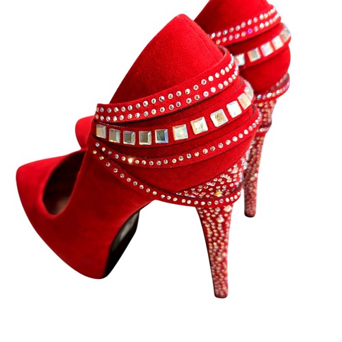 Paprika 6 Women's Dress Shoes Red 5 inch Heels Platform Rhinestones ...