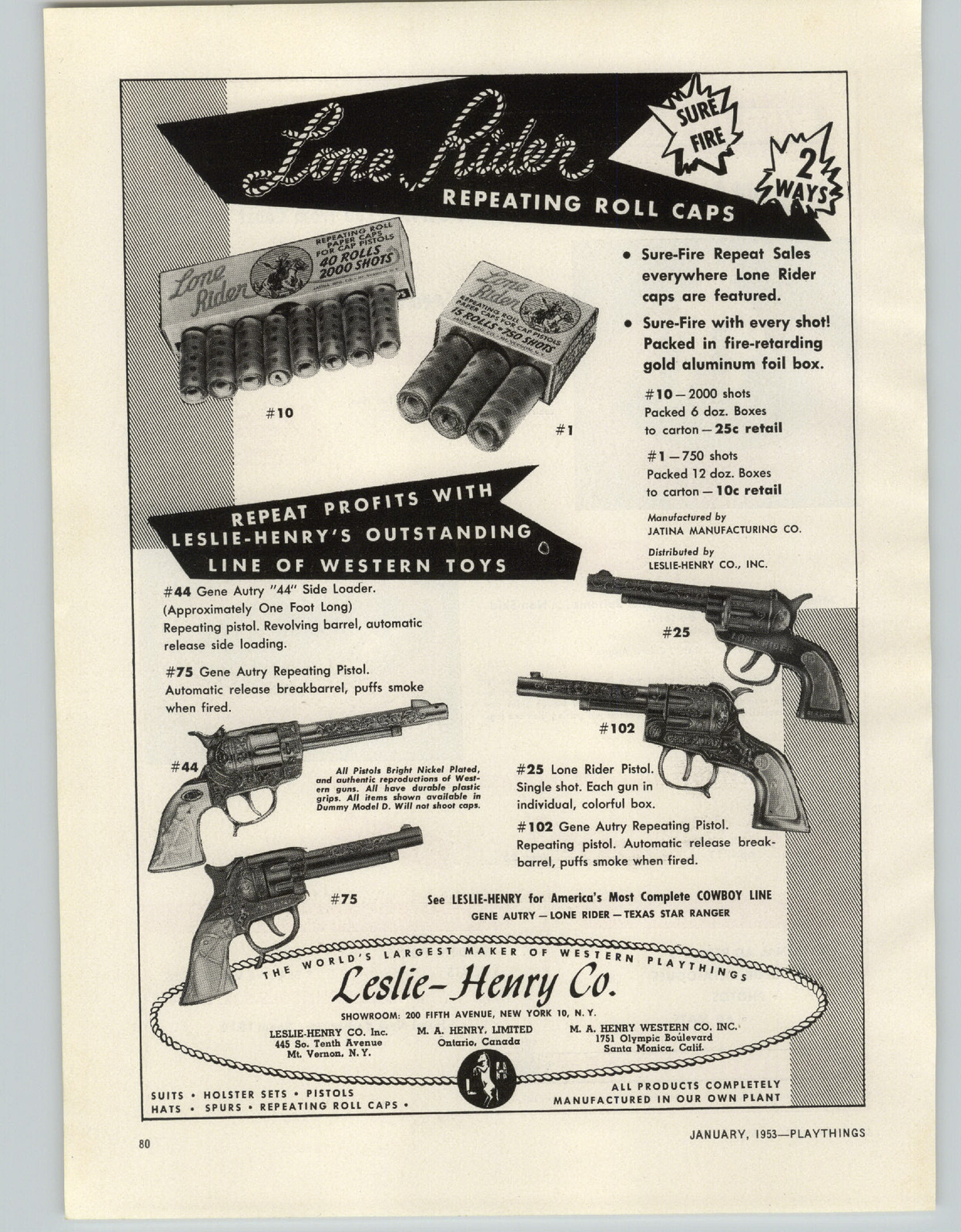 1953 PAPER AD Leslie Henry Lone Ranger Cap Guns Gene Autry Cowboy ...