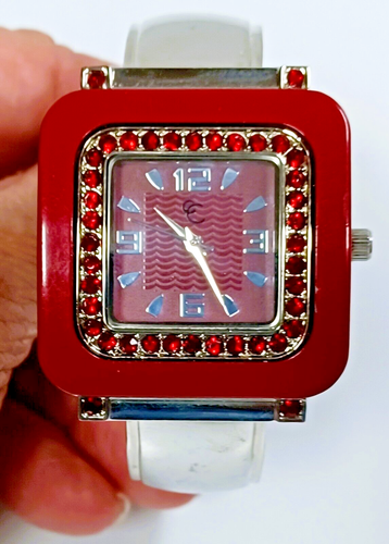 Womens Cc Red Rhinestones Watch Square Face Bangle Japanese Movement ...
