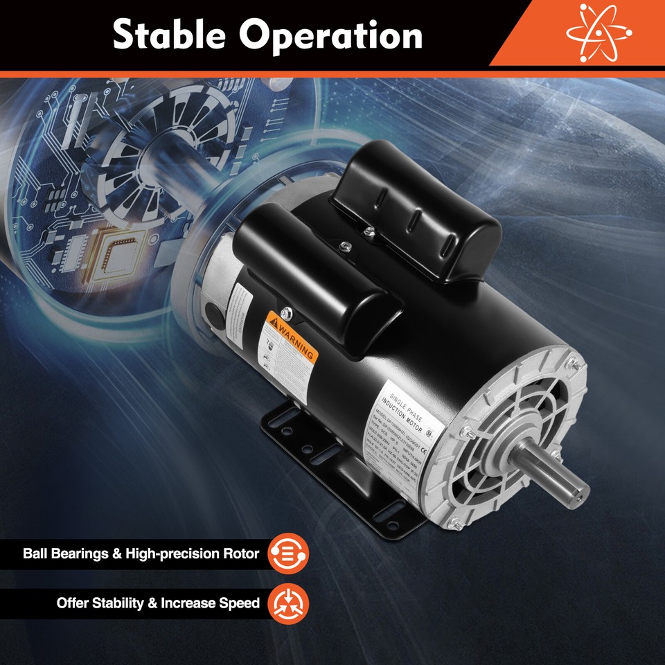 5 HP Air Compressor Duty Electric Motor Single Phase 3450 RPM with 7/8 ...