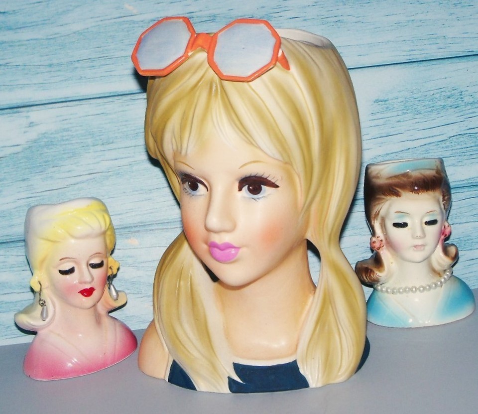 EHTF UBER RARE GLASSES LEGO XLG 7.5" BLONDE HEAD VASE LADY HEAD VASE ...