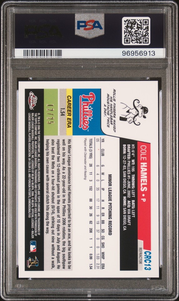 2006 TOPPS CHROME RC LOGOS REFRACTOR #CRC13 COLE HAMELS ROOKIE RC /25 ...
