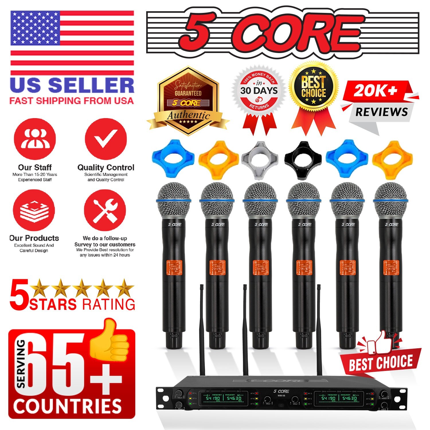 5Core Wireless Microphone System 6 Channel UHF 6 Handheld Dynamic Metal ...