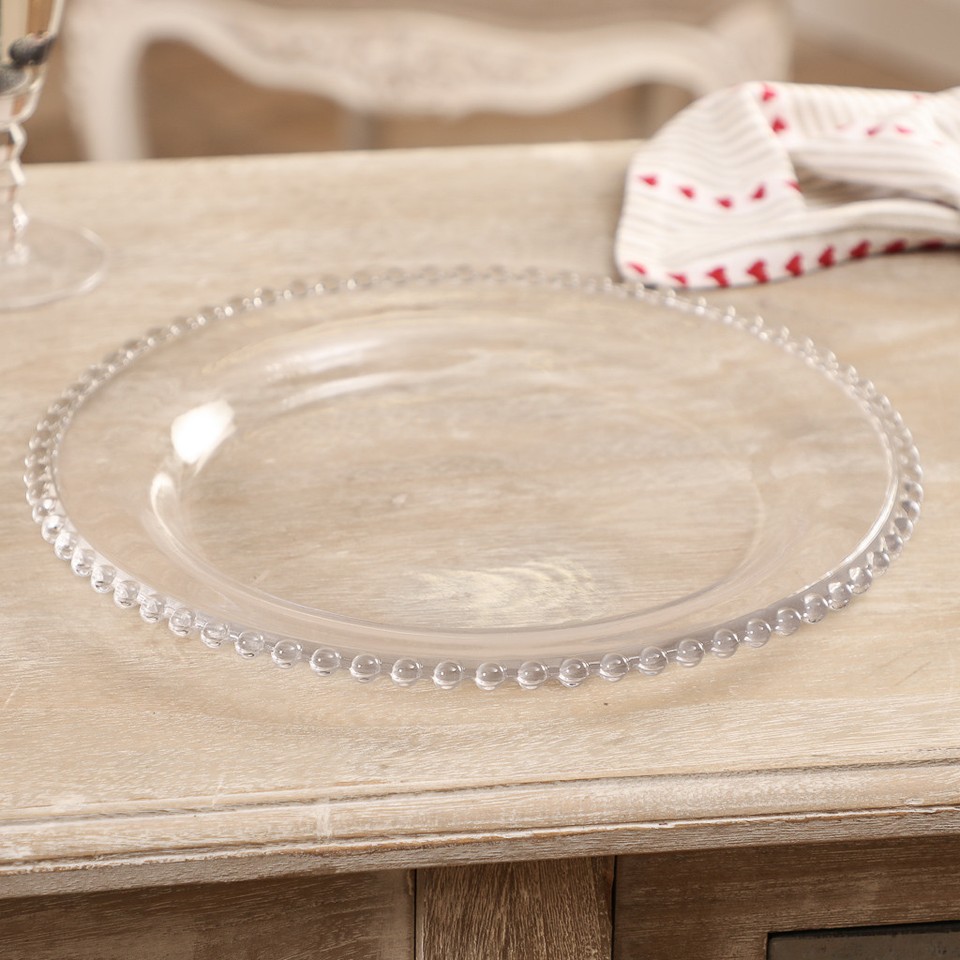 Set of 8 Clear Glass Dinner Plates Bella Perle Beaded Edge Kitchen ...