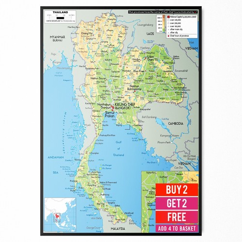 THAILAND MAP POSTER TRAVEL TOURISM EDUCATIONAL MAP POSTER PRINT - A5-A3 ...
