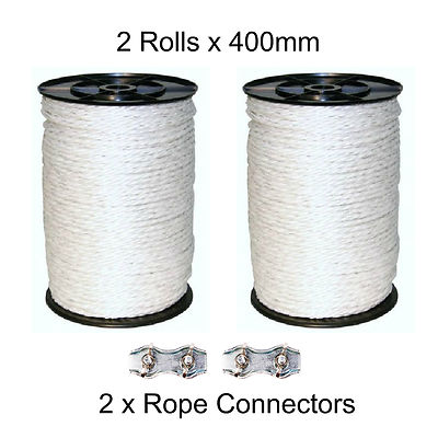 2 x 400M WHITE 6MM ELECTRIC FENCING ROPE Includes 2 Connectors Poly ...