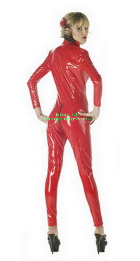 Sexy Women Jumpsuits Bodysuit Front Long Zip Red Shiny PVC Catsuit ...
