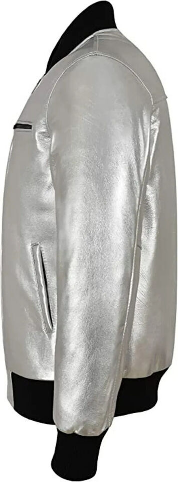 Men's Real Leather Shinny Silver Metallic Foil Jacket Bomber Biker ...