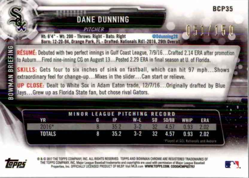 2017 Bowman Mini Blue Shimmer Chrome Refractor Dane Dunning 51/150 # ...