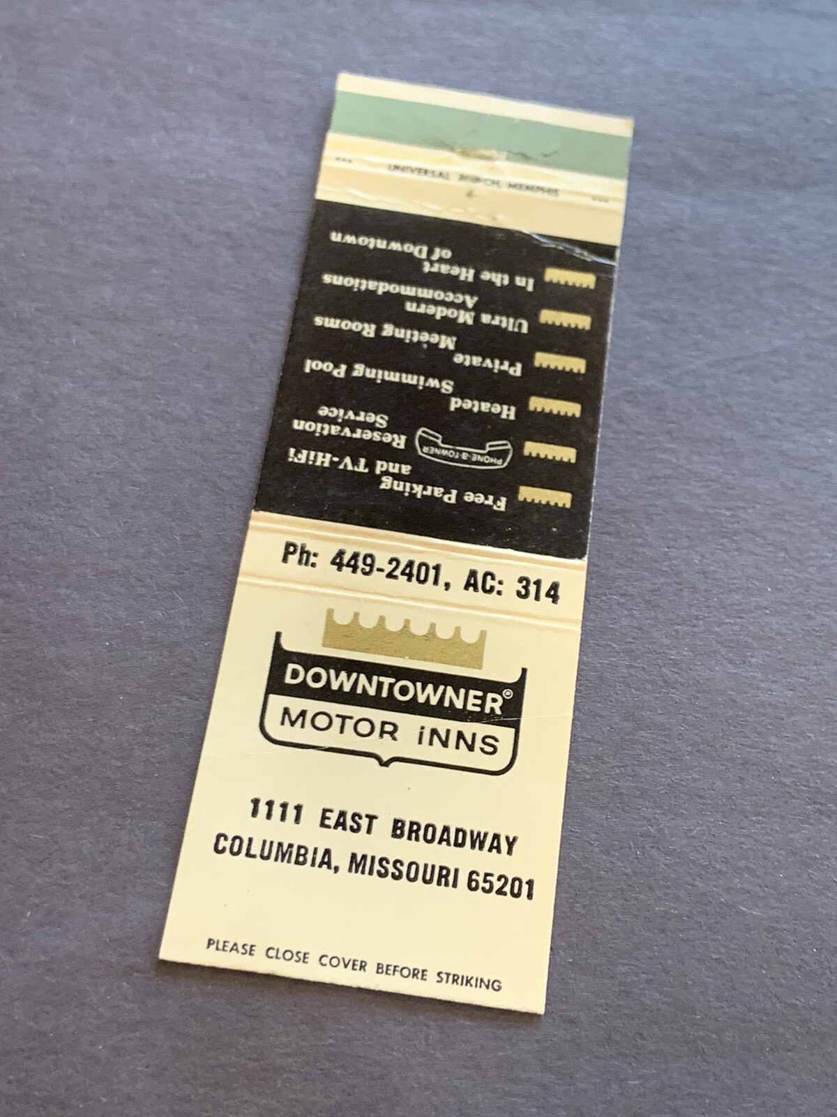 Vintage Missouri Matchbook: “Downtowner Motor Inns” Columbia, MO | eBay