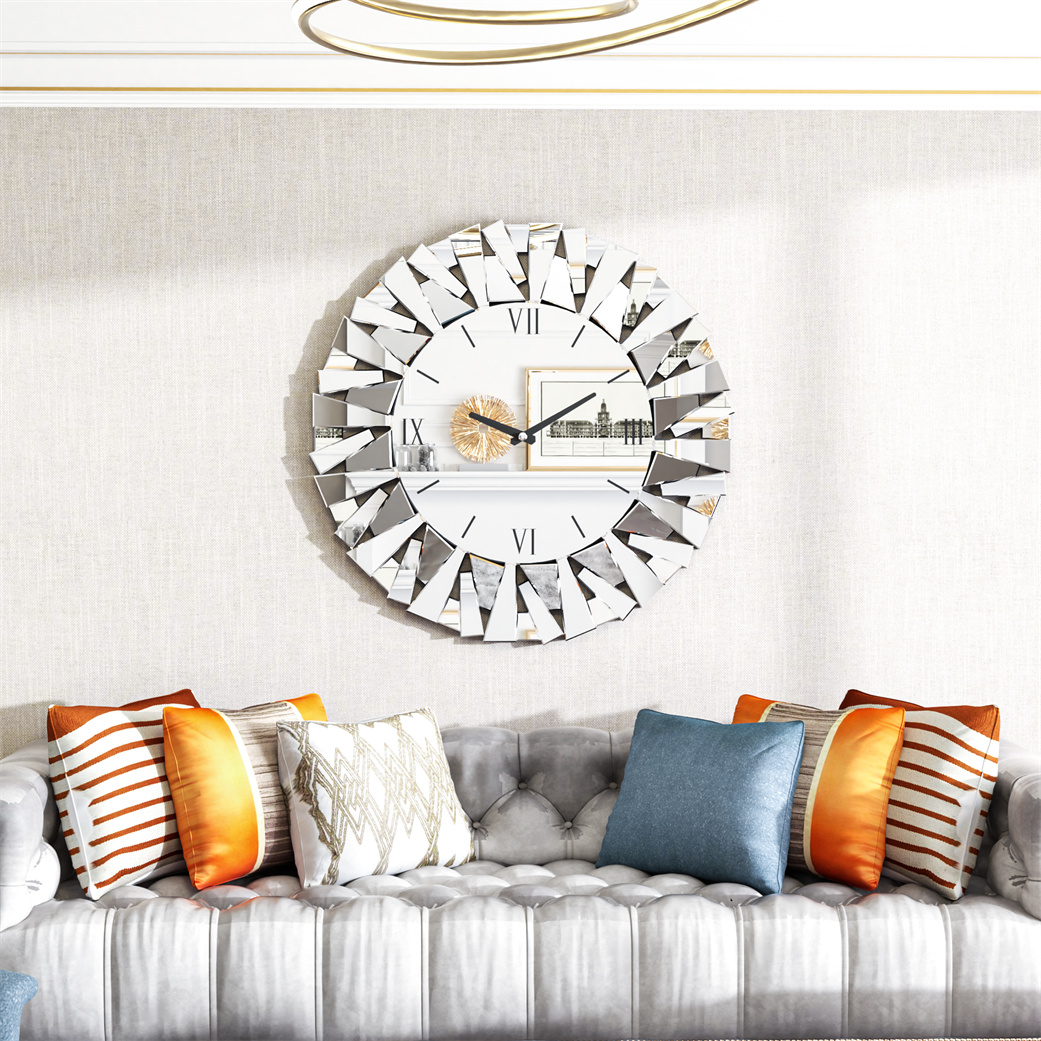 Full Mirrored Round Bevelled Wall Clock Large Roman Numeral Silent ...