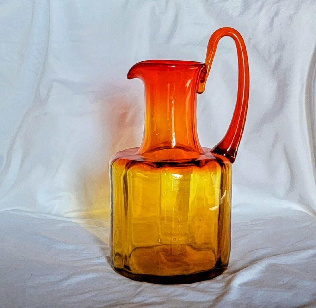 Vintage 10" Ombre Orange/Red Amberina Blenko Pitcher with elongated ...