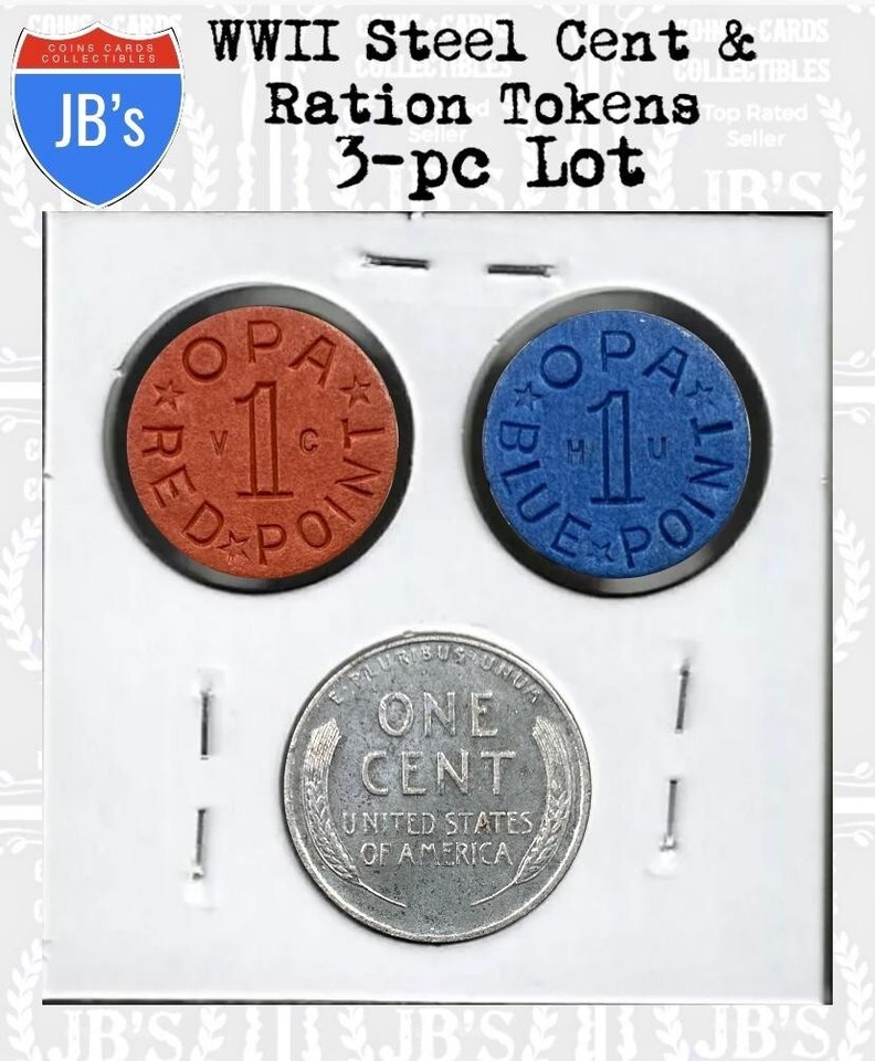 WWII 1943 Lincoln Steel Penny + Blue & Red OPA Food Ration Tokens WORLD ...