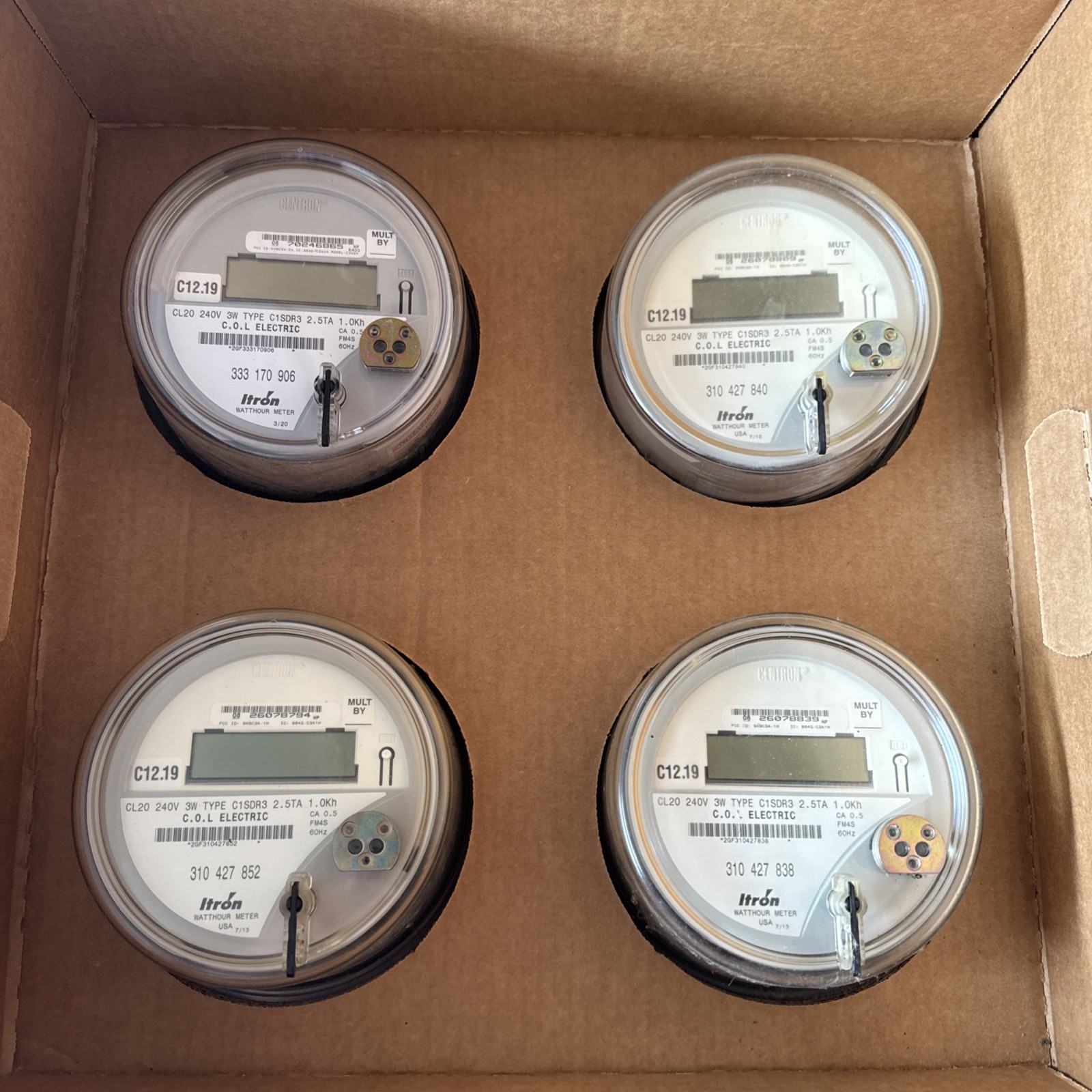 Lot Of 4 ITRON WATTHOUR METER KWH, C1SDR3, CL20 240V 3W 2.5TA 1.0Kh ...