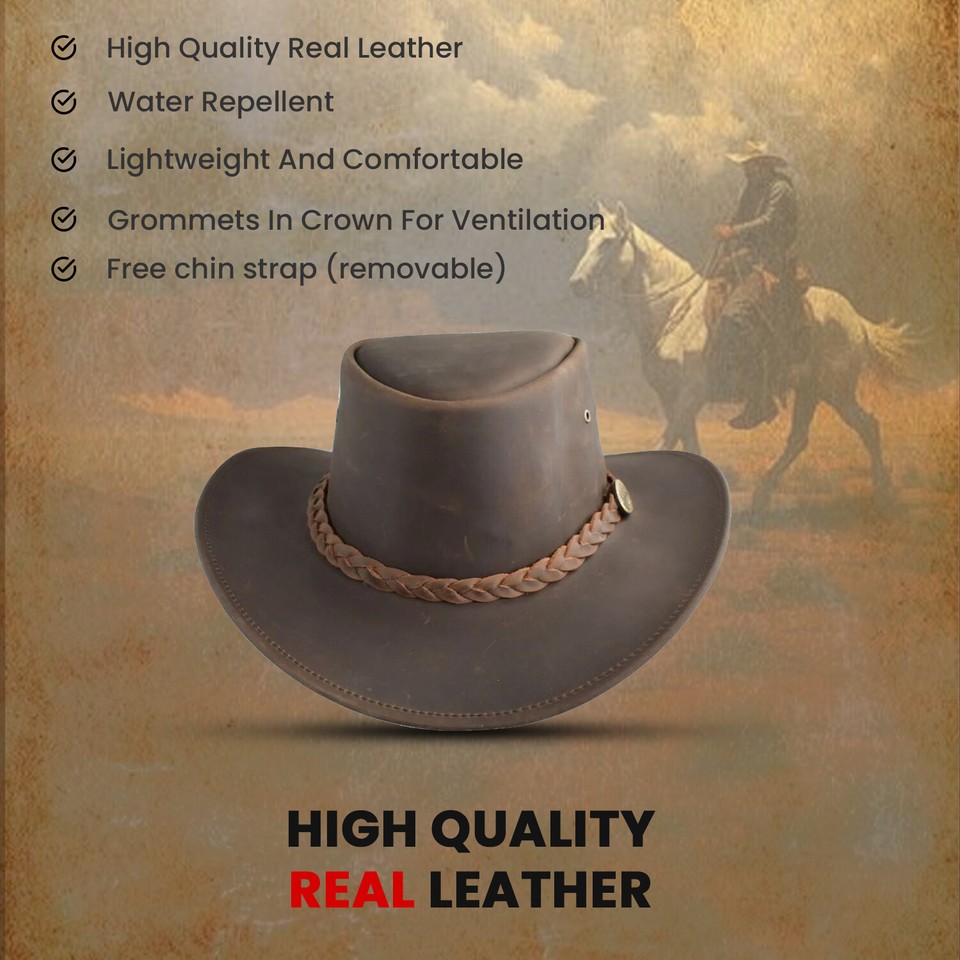 Mens Distressed Leather Western Outback Australian Hat Bush hat Brown ...