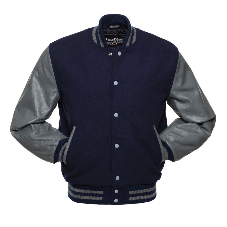 Stewart & Strauss Navy Blue Wool & Grey Leather Varsity Letterman ...