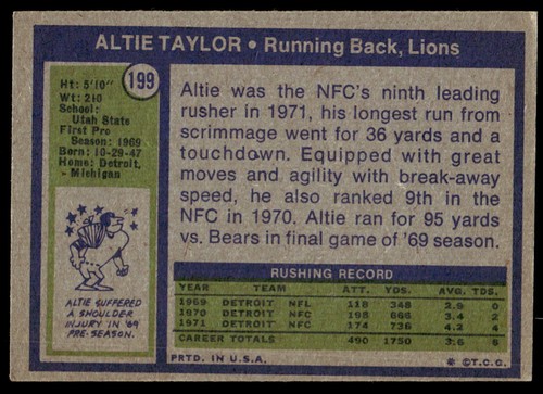 1972 Topps Altie Taylor #199 Detroit Lions | eBay