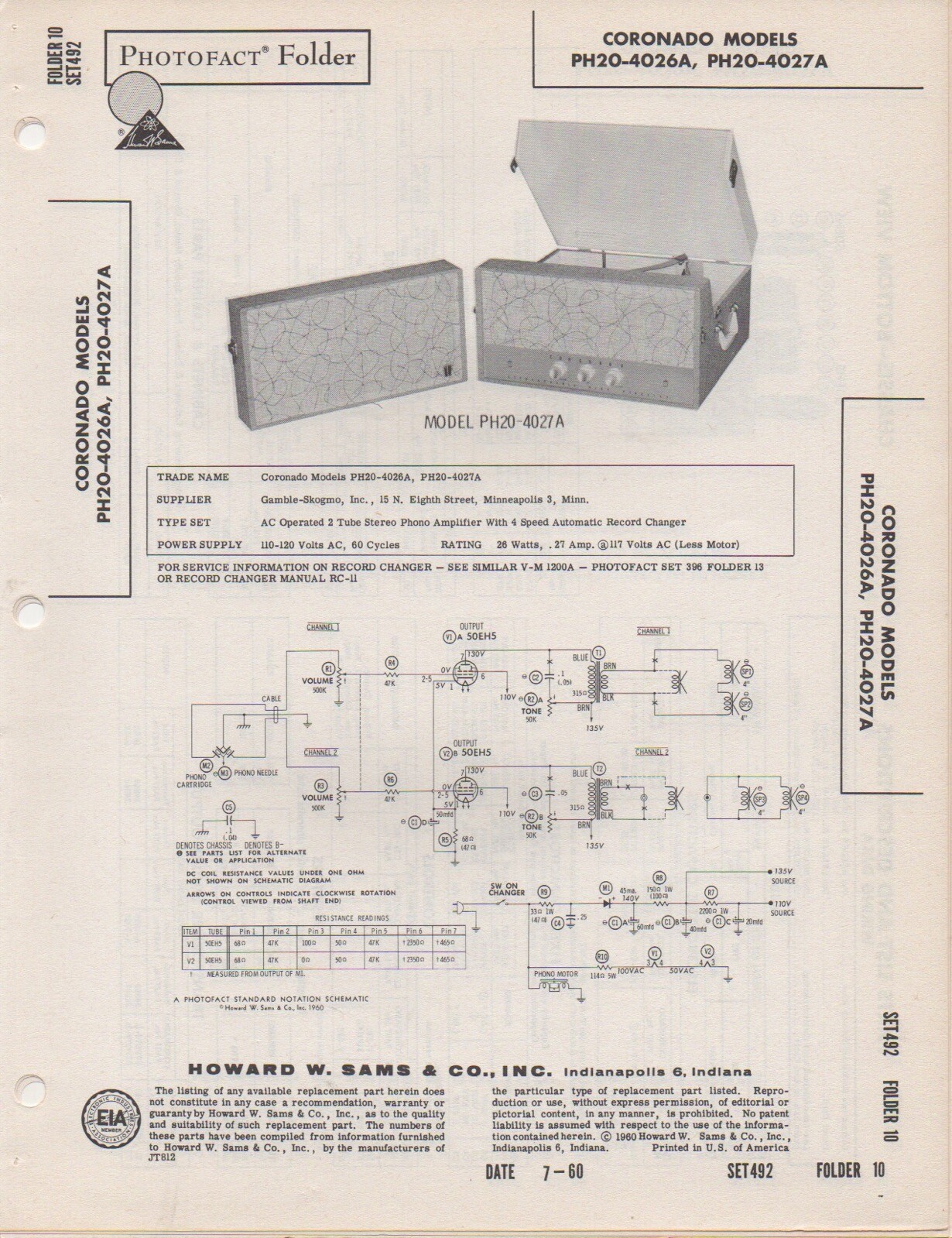 1960 CORONADO PH20-4026A RECORD PLAYER AMP SERVICE MANUAL PHOTOFACT ...
