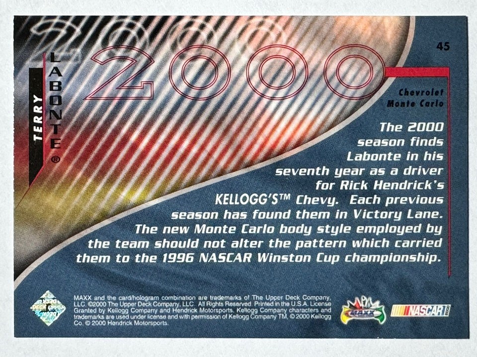 HOF'er TERRY LABONTE 2000 Maxx KELLOGG'S CORN FLAKES NASCAR Racing Card ...