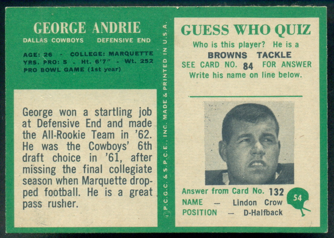 1966 PHILADELPHIA FOOTBALL #54 GEORGE ANDRIE NM DALLAS COWBOYS College ...