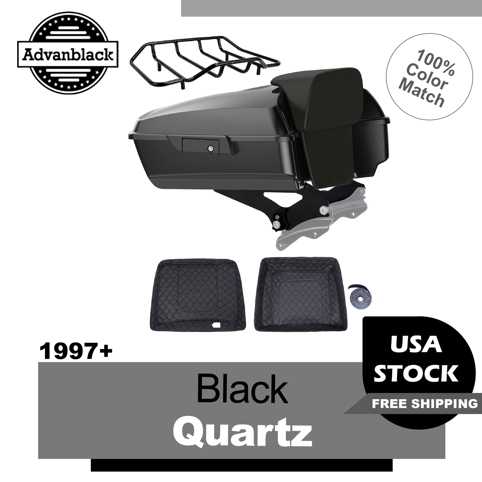Advan Black Quartz Chopped Tour Pack Pak Trunk Luggage For Harley FLHR ...