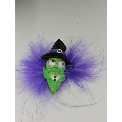 Vintage Lapel Pin Brooch Halloween Green Witch Purple Feather Hair ...