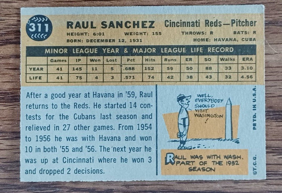 1960 Topps, Raul Sanchez, Baseball Card #311, Cincinnati Reds, Pitcher ...