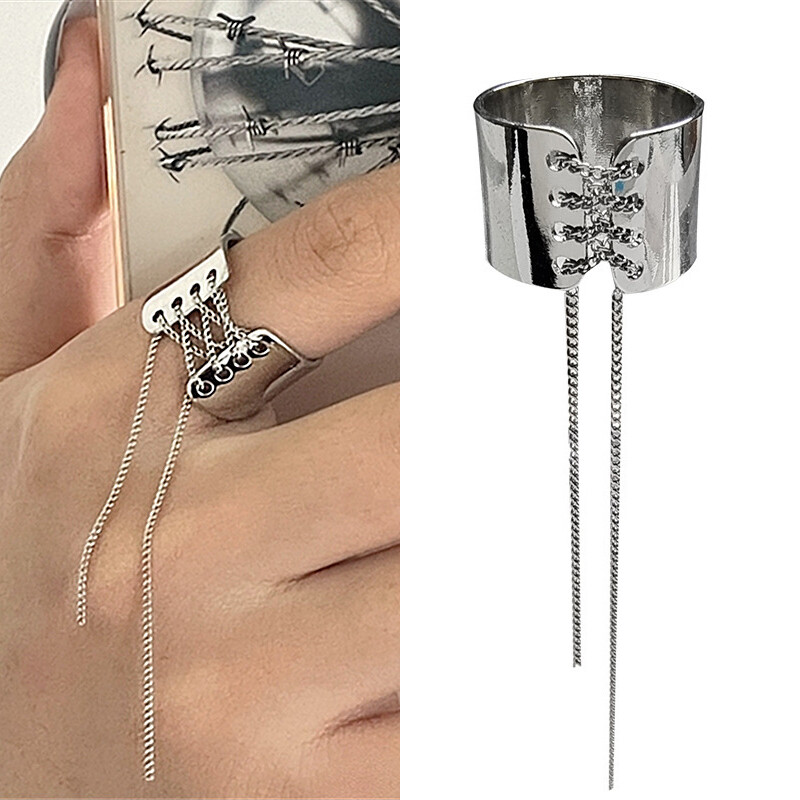 Fashion Wide Edge Chain Tassel Ring Hip Hop Punk Vintage Adjustable ...