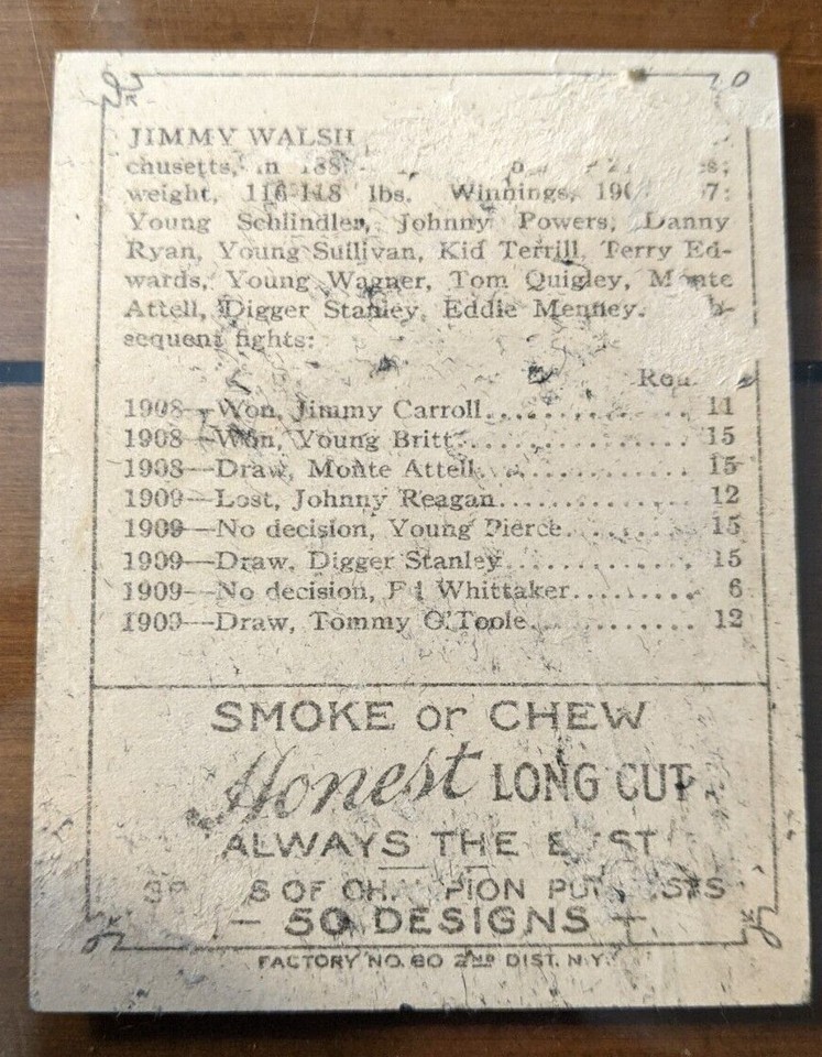 Jimmy Walsh T219 Champion Pugilists Honest Long Cut | eBay