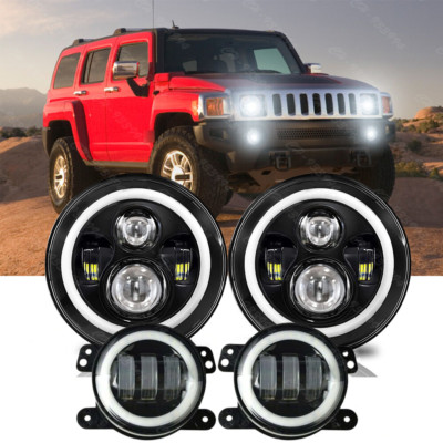 For Hummer H3 H3T 05-10 7" INCH Halo Led Headlight DRL & 4" Fog Lights ...