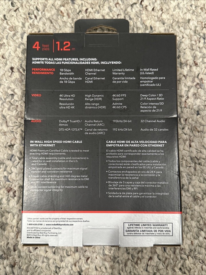 Rocketfish HDMI Cable 4 Feet 4K Ultra HD HDR Compatible | eBay