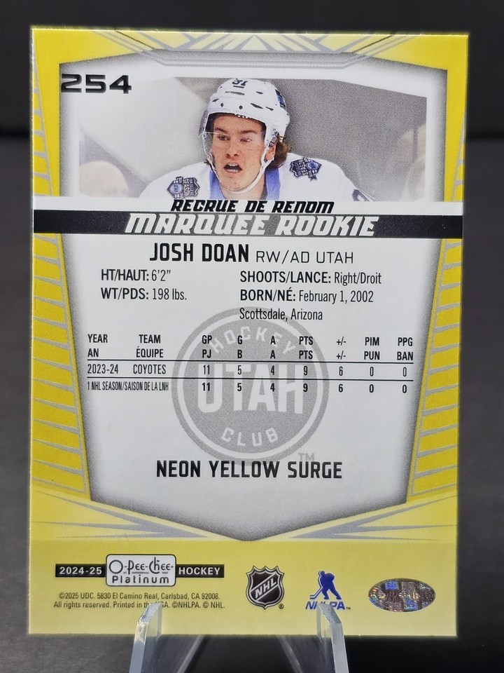 2024-25 O-Pee-Chee Platinum Josh Doan #254 Marquee Rookie Neon Yellow ...