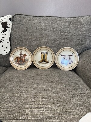Decorative Western Plates Set Of 3 Riding Cowboy Boots With Lasso And ...