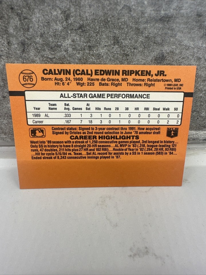 1990 Donruss Cal Ripken Jr ALL STAR Error Card (Missing "N" AND period ...